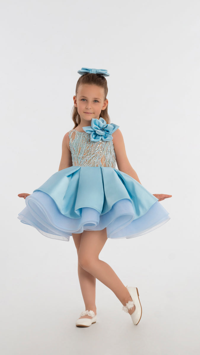 Blue Short Dress With Flower Details For Girls – ALBINA DYLA