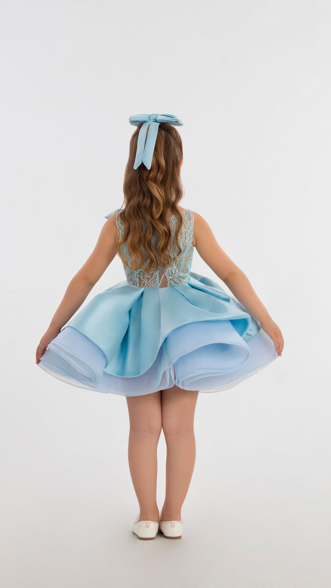 Blue Short Dress With Flower Details For Girls – ALBINA DYLA