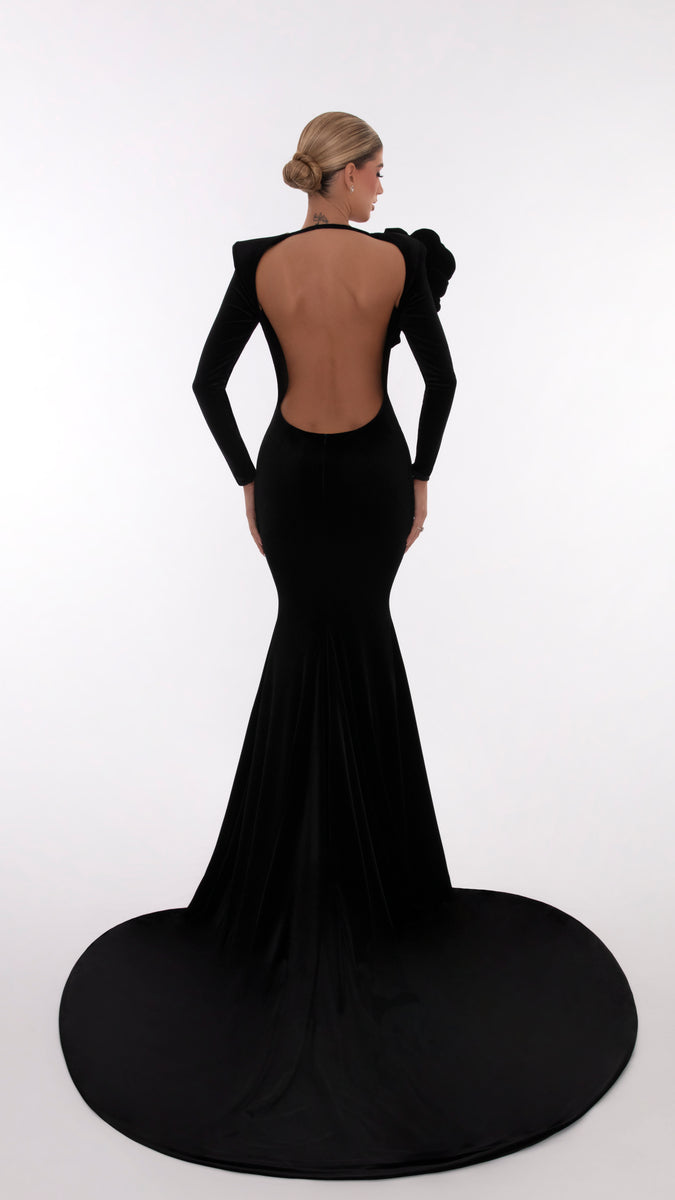Backless velvet dress with handmade flower – ALBINA DYLA